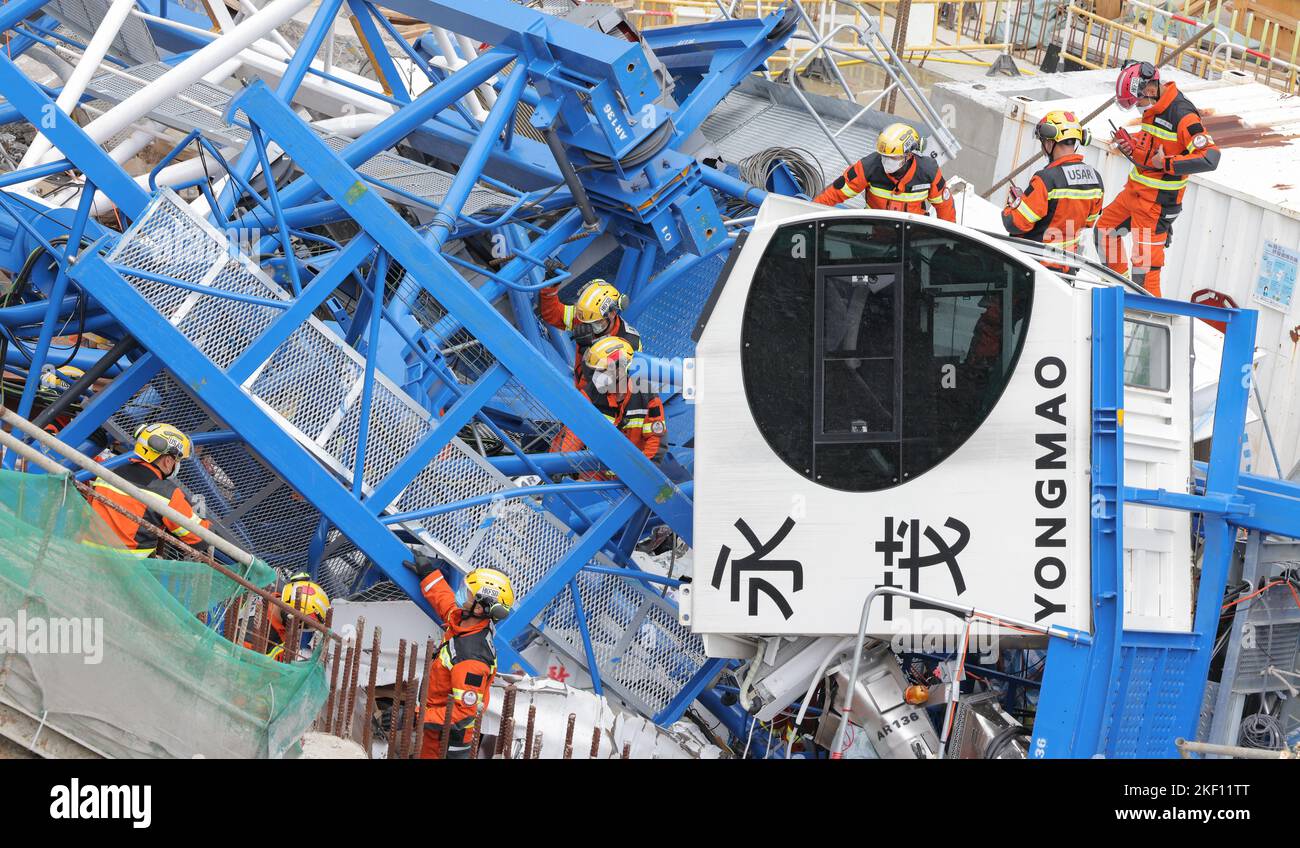 A tower crane collapsed on a container which then hit workers and ...