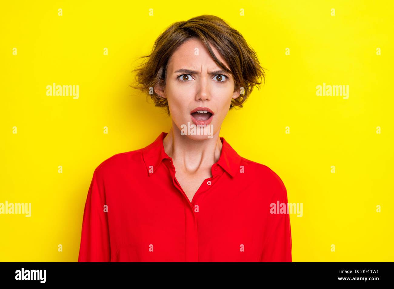 Closeup photo of young attractive office manager woman bob brown hair ...
