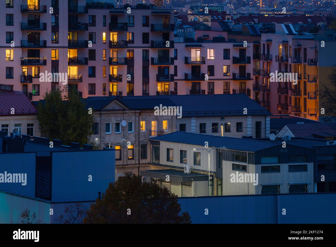 Apartment blocks in the sleeping district at night time. Urban aerial ...