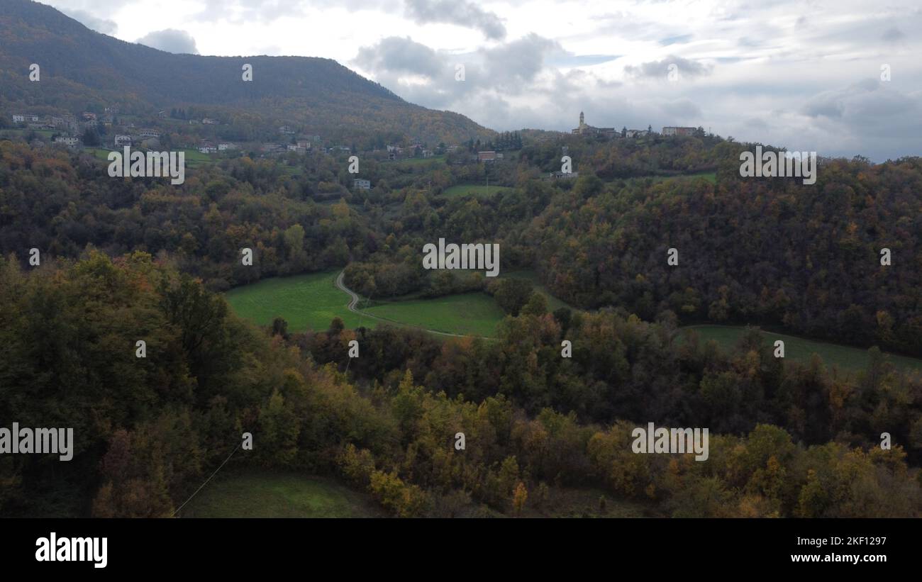 Vezzolacca Piacenza Italy scenic drone aerial view of autumn coloured ...