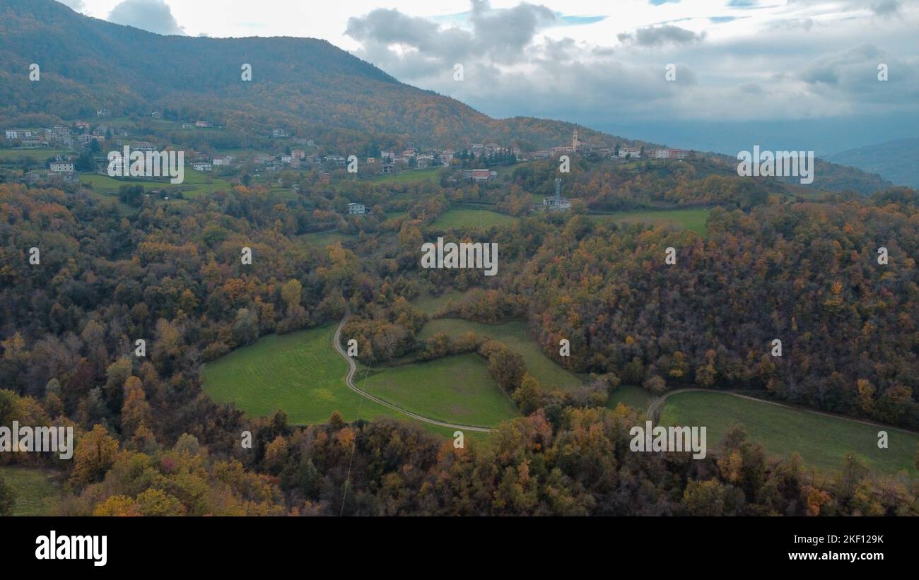 Vezzolacca Piacenza Italy scenic drone aerial view of autumn coloured ...
