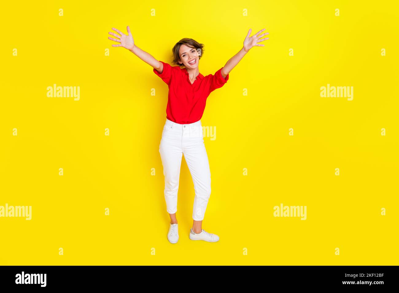 Full body photo of gorgeous satisfied lady raise arms palms waving ...