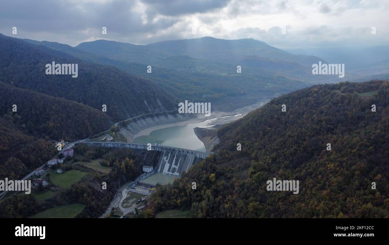 Mignano Dam, Piacenza Italy - November 2022 aerial Panorama of dry ...