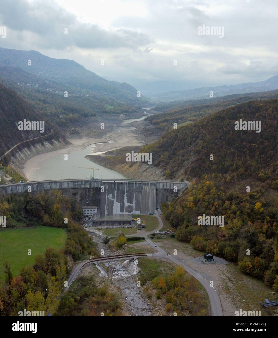 Mignano Dam, Piacenza Italy - November 2022 aerial Panorama of dry ...
