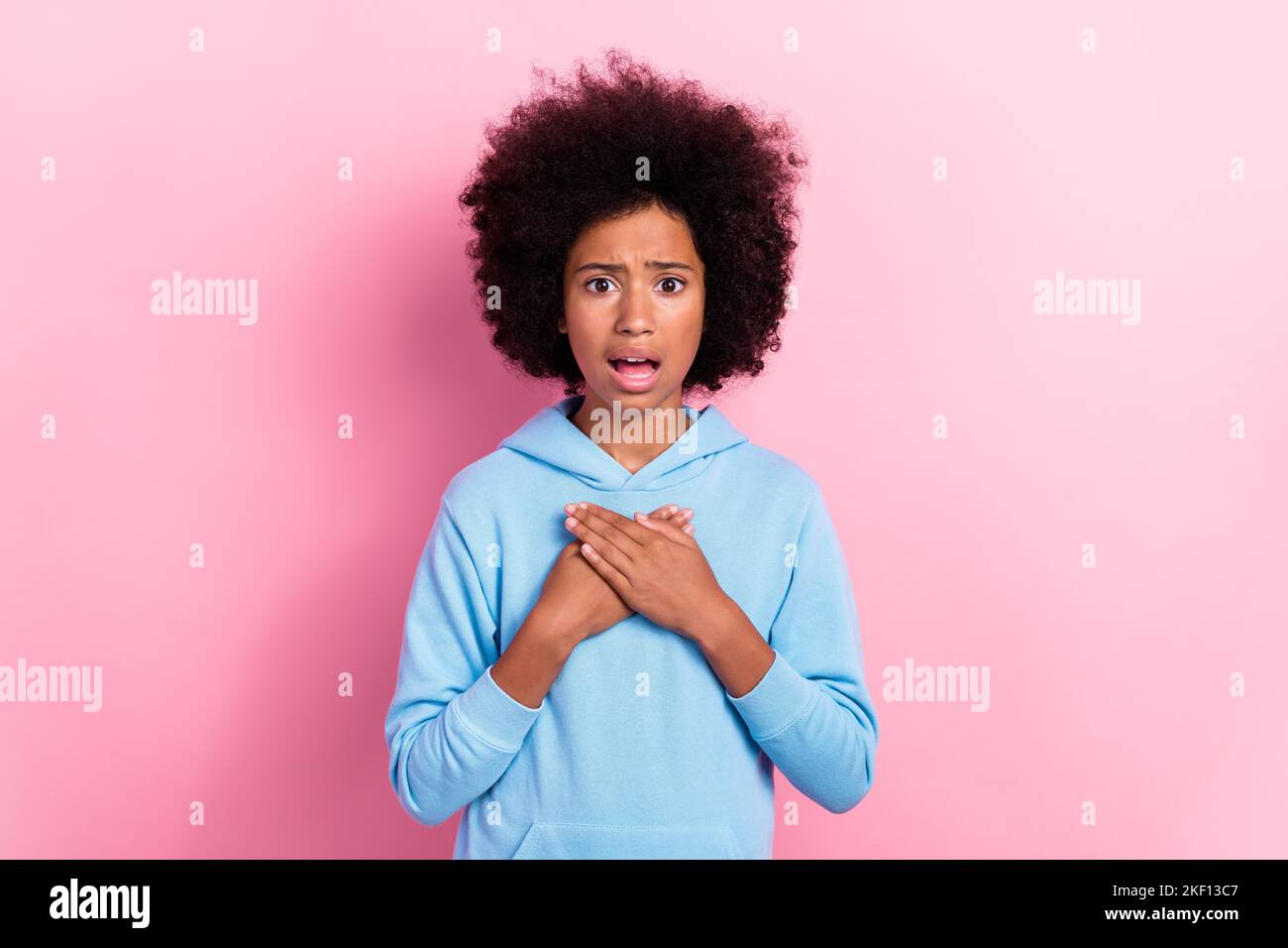 Portrait Of Impressed Speechless Girl Arms Touch Chest Open Mouth Stare