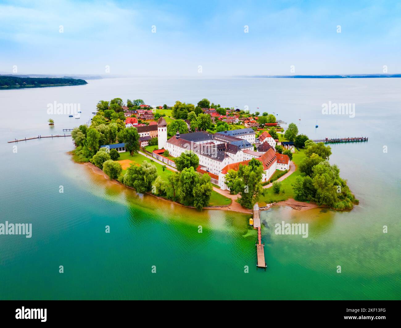 Frauenchiemsee or Frauenworth Abbey aerial panoramic view, it is a ...