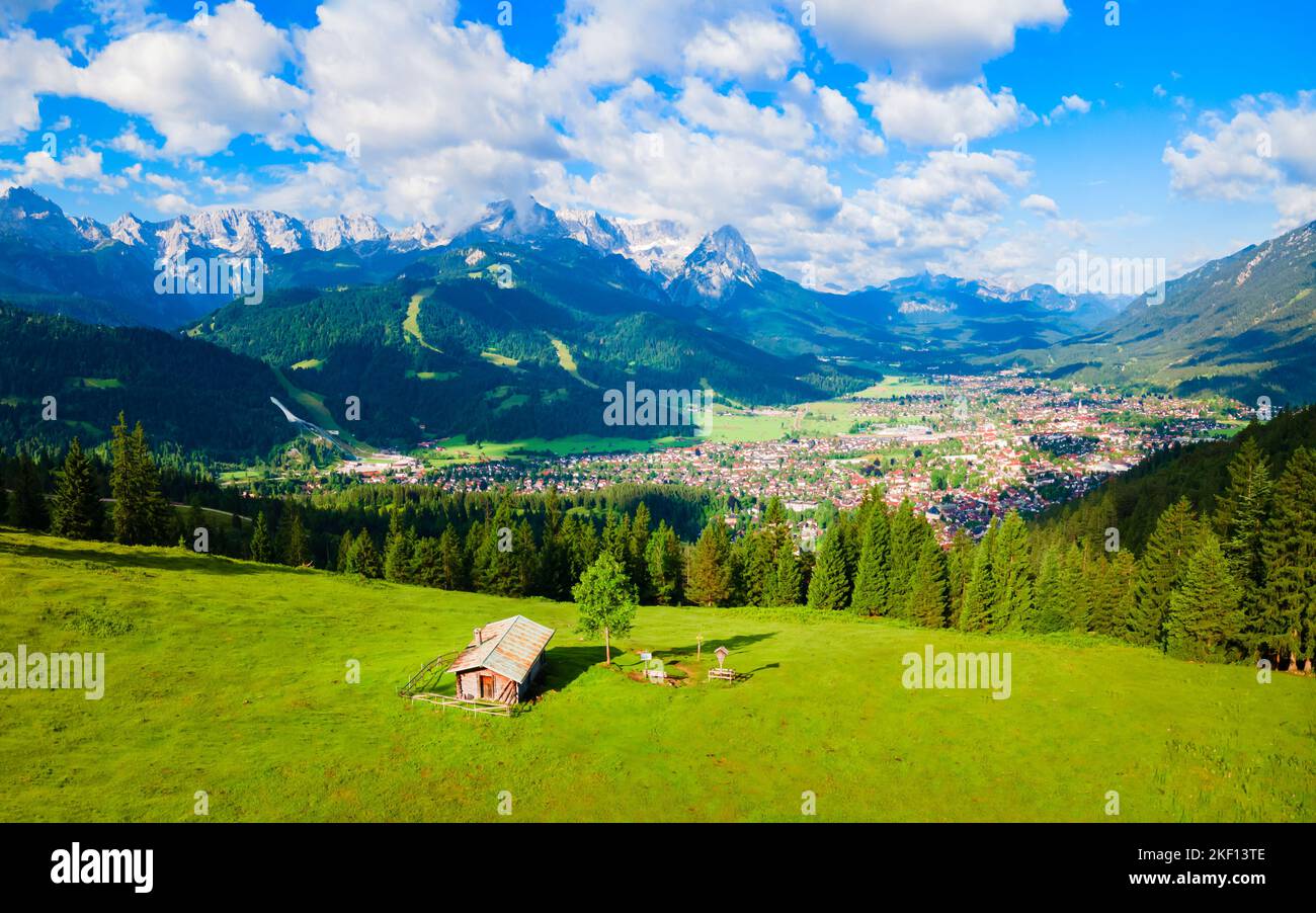 Garmisch-partenkirchen and Zugspitze mountain aerial panoramic view ...