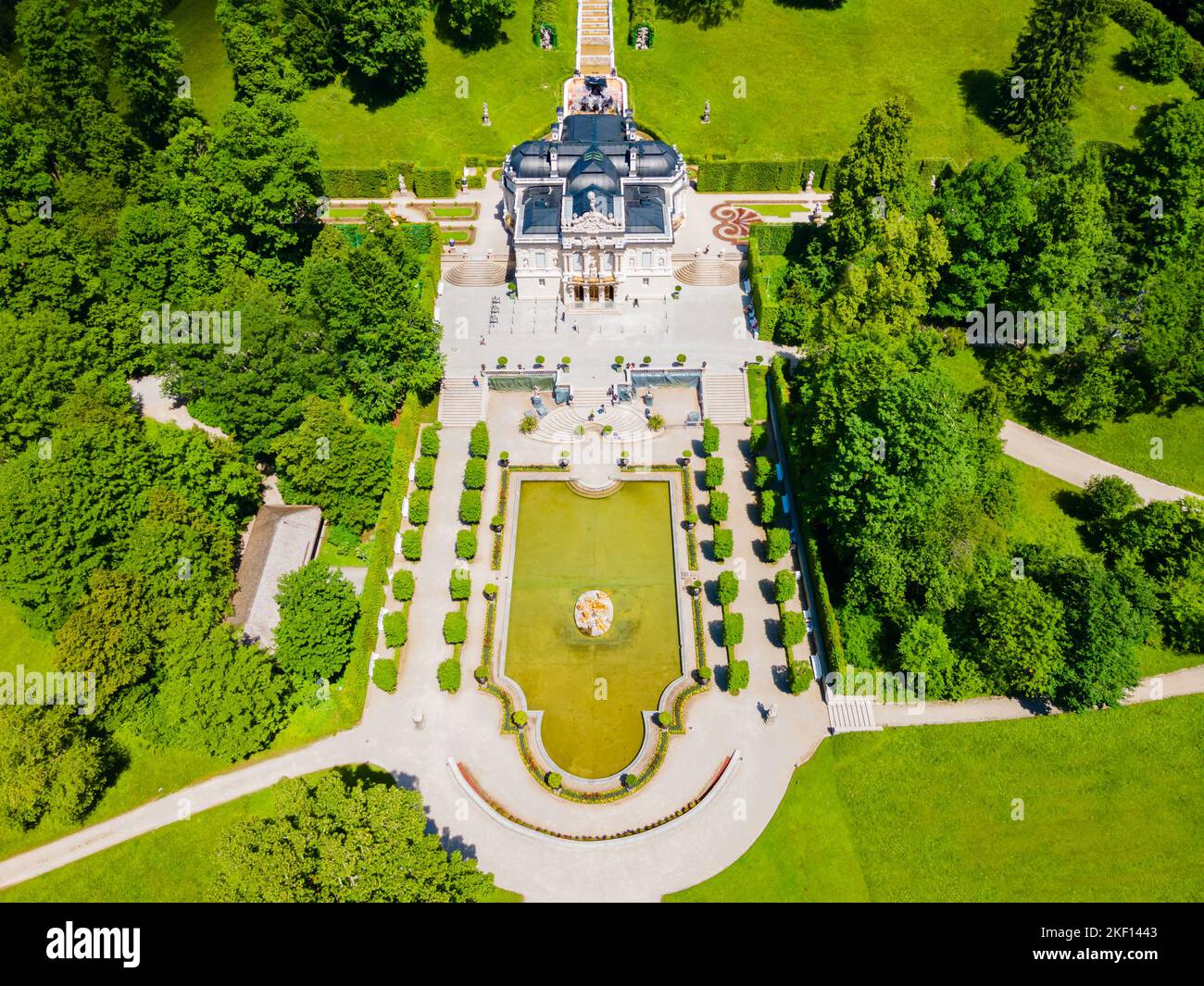 Linderhof Palace aerial panoramic view. Schloss Linderhof is located ...