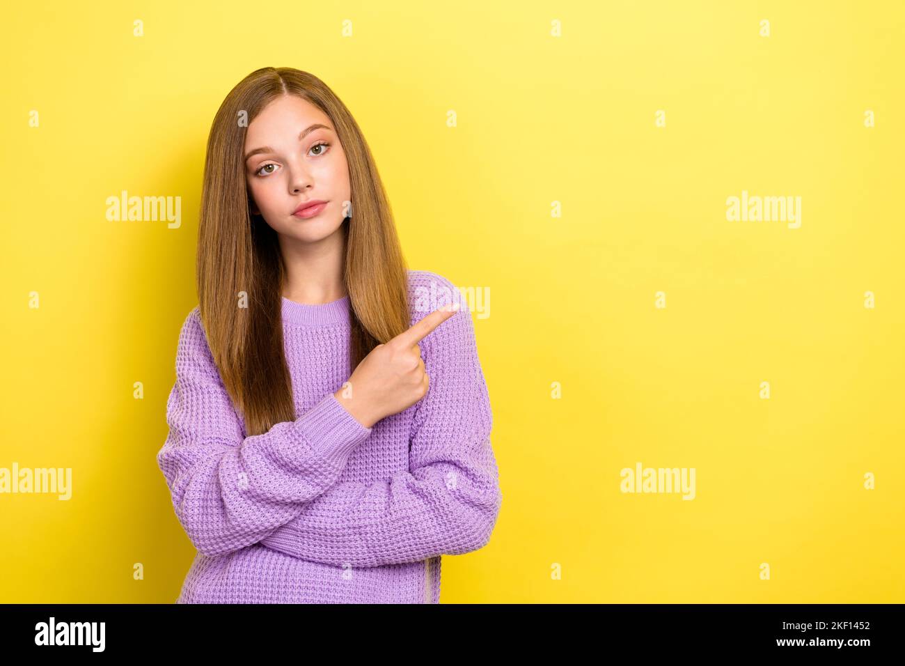 Photo of pretty serious lady calm face wear stylish violet cozy autumn ...