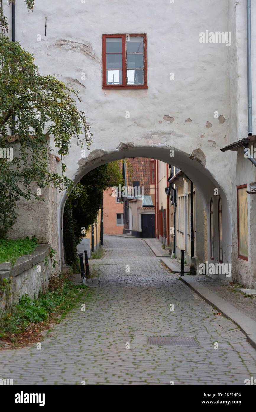 An archway house on St Hans street in Visby, on the island of Gotland ...