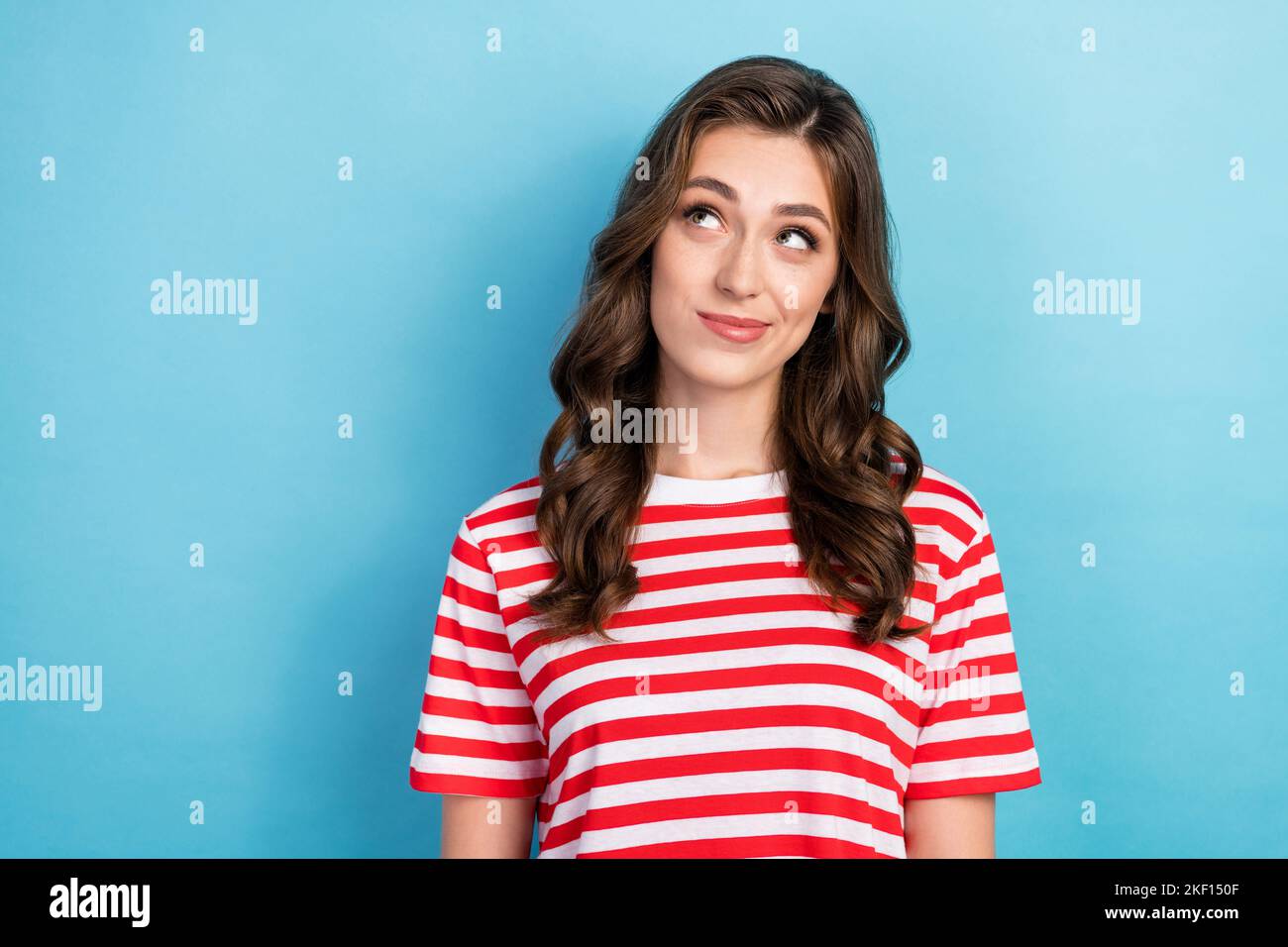 Photo of young adorable dreamy cute minded lady looking empty space ...