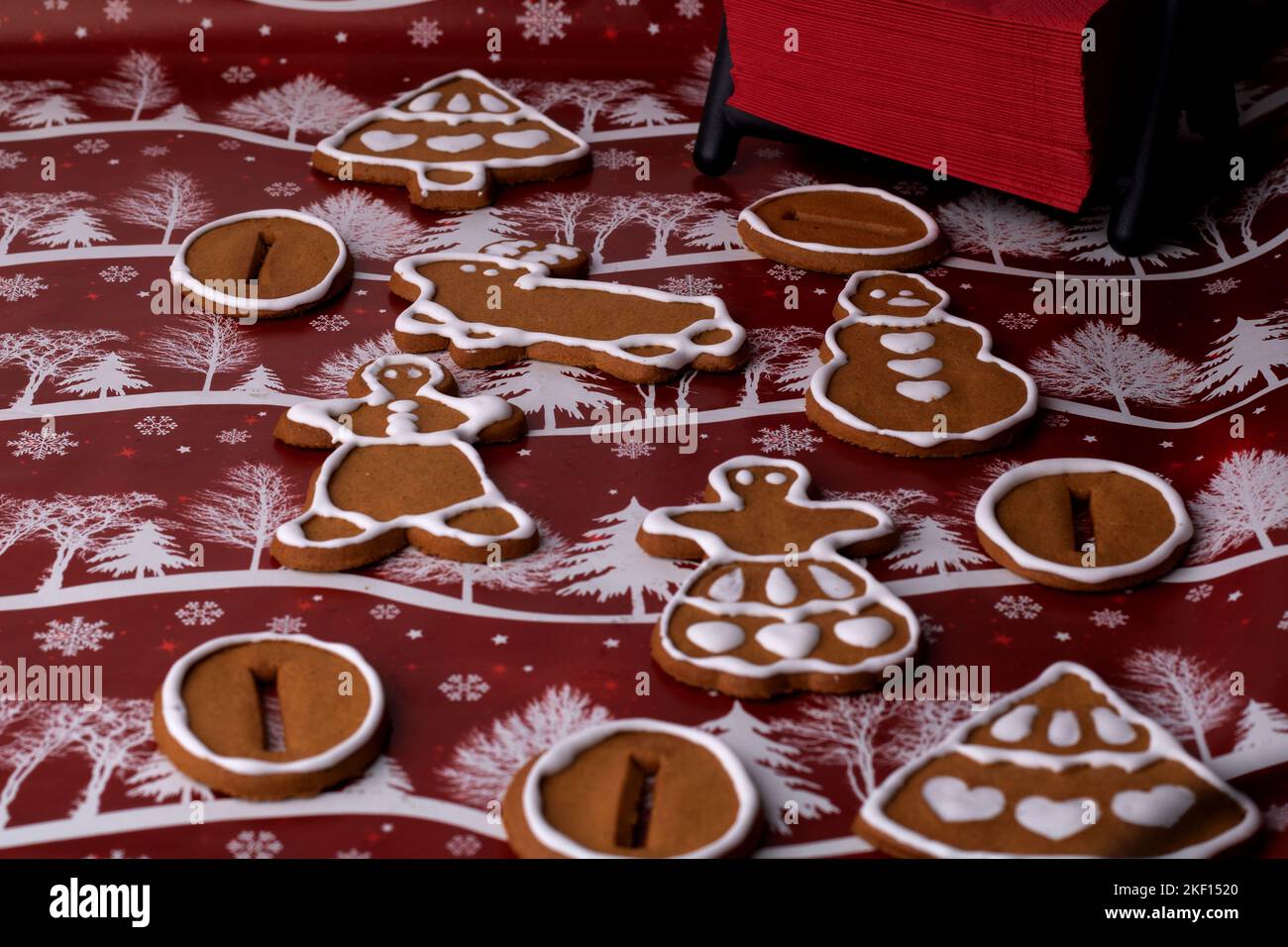 Christmas gingerbread on a red and white background Stock Photo - Alamy