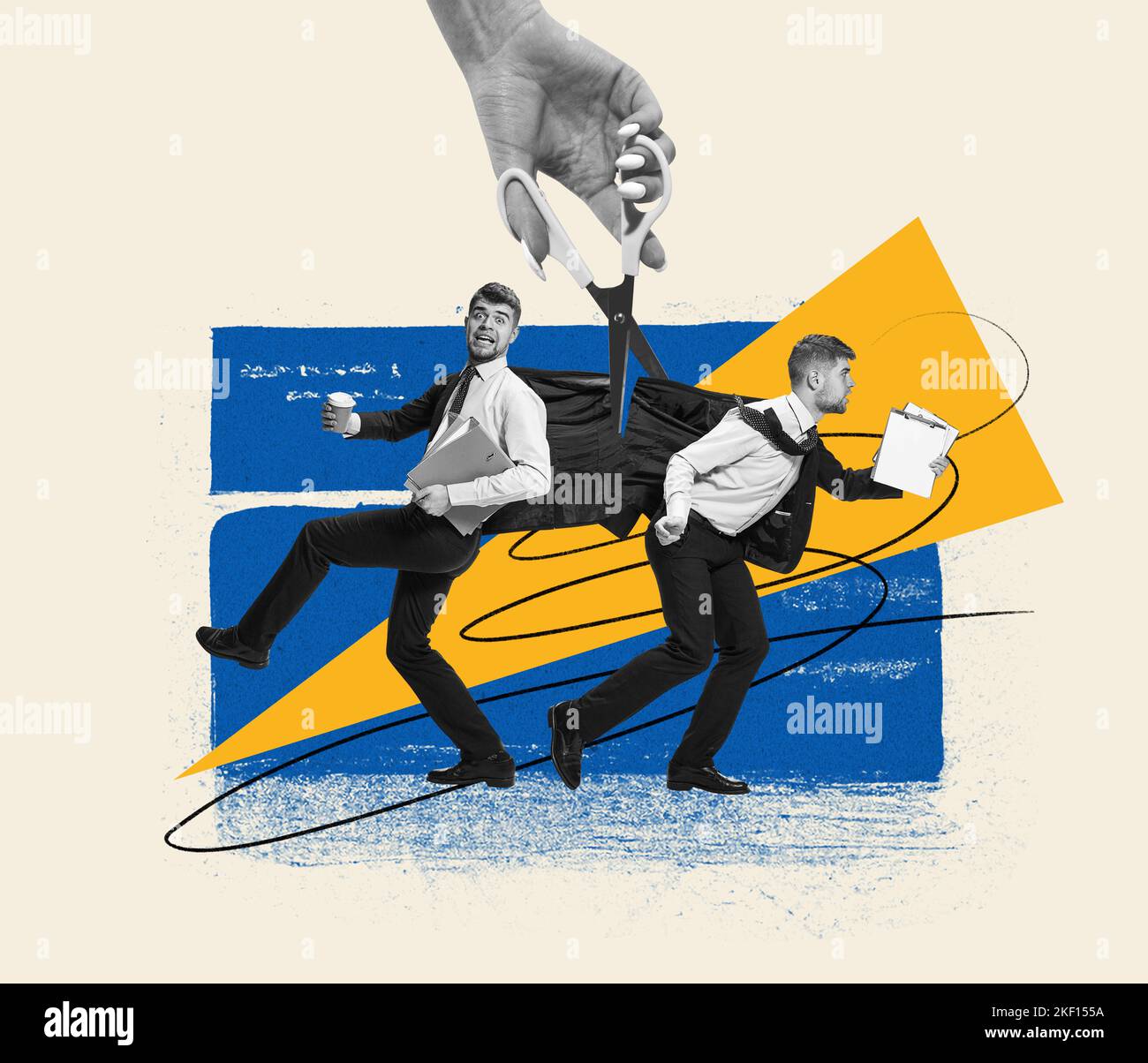Contemporary art collage. Conceptual design with two men running in ...
