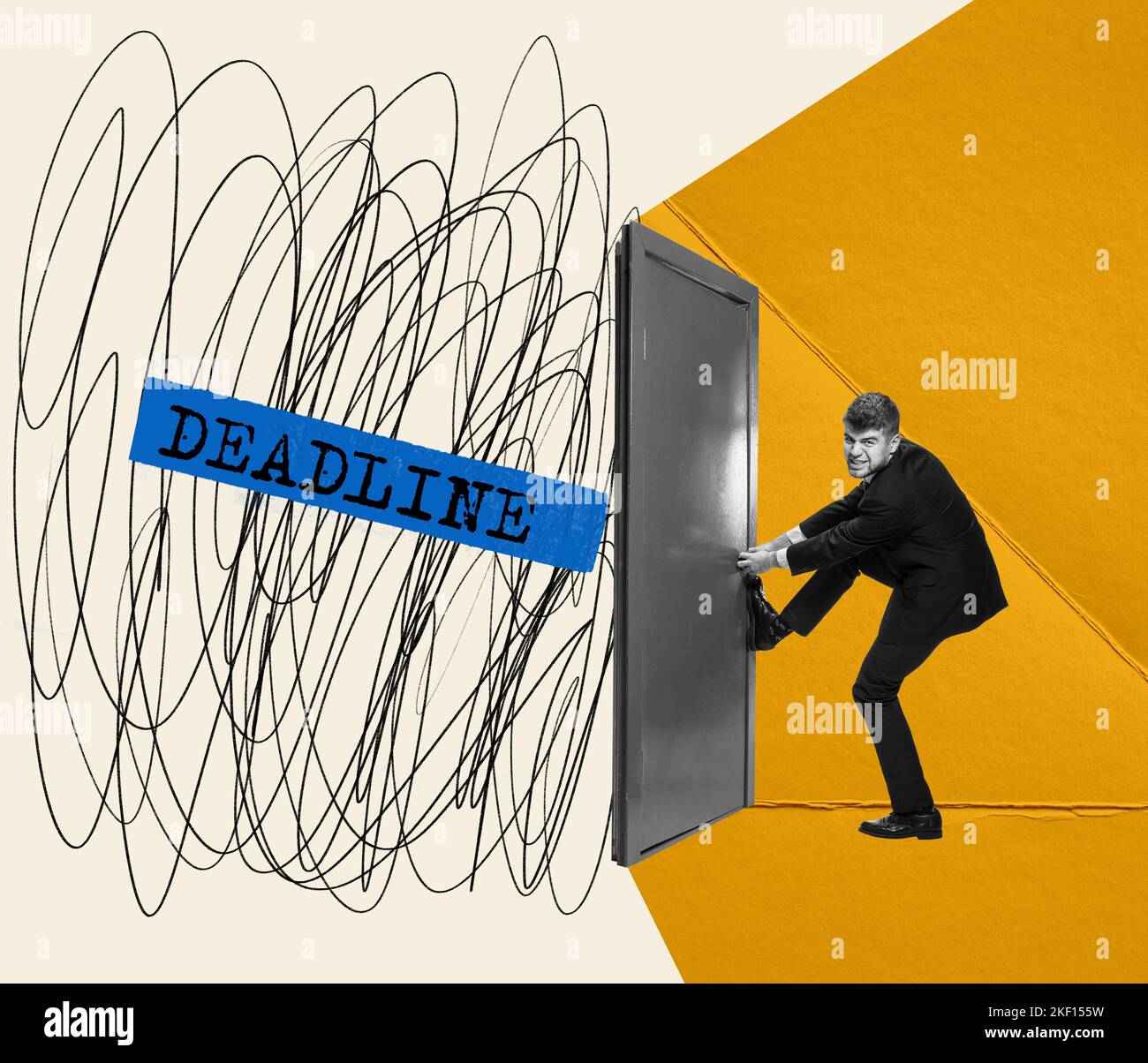 Contemporary art collage. Conceptual design with young employee having ...