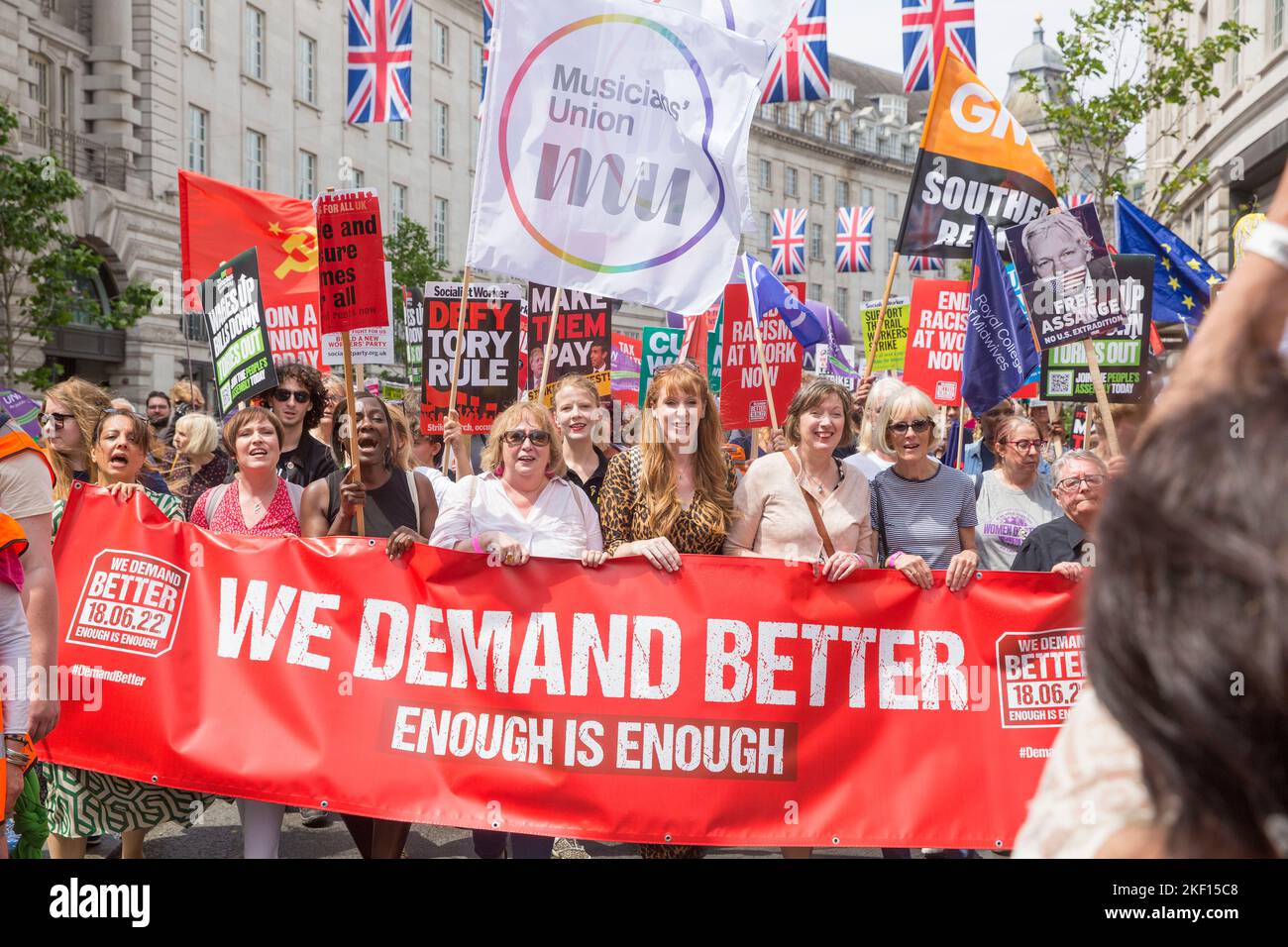 Angela Rayner MP of Labour Party is seen behind a banner as ...