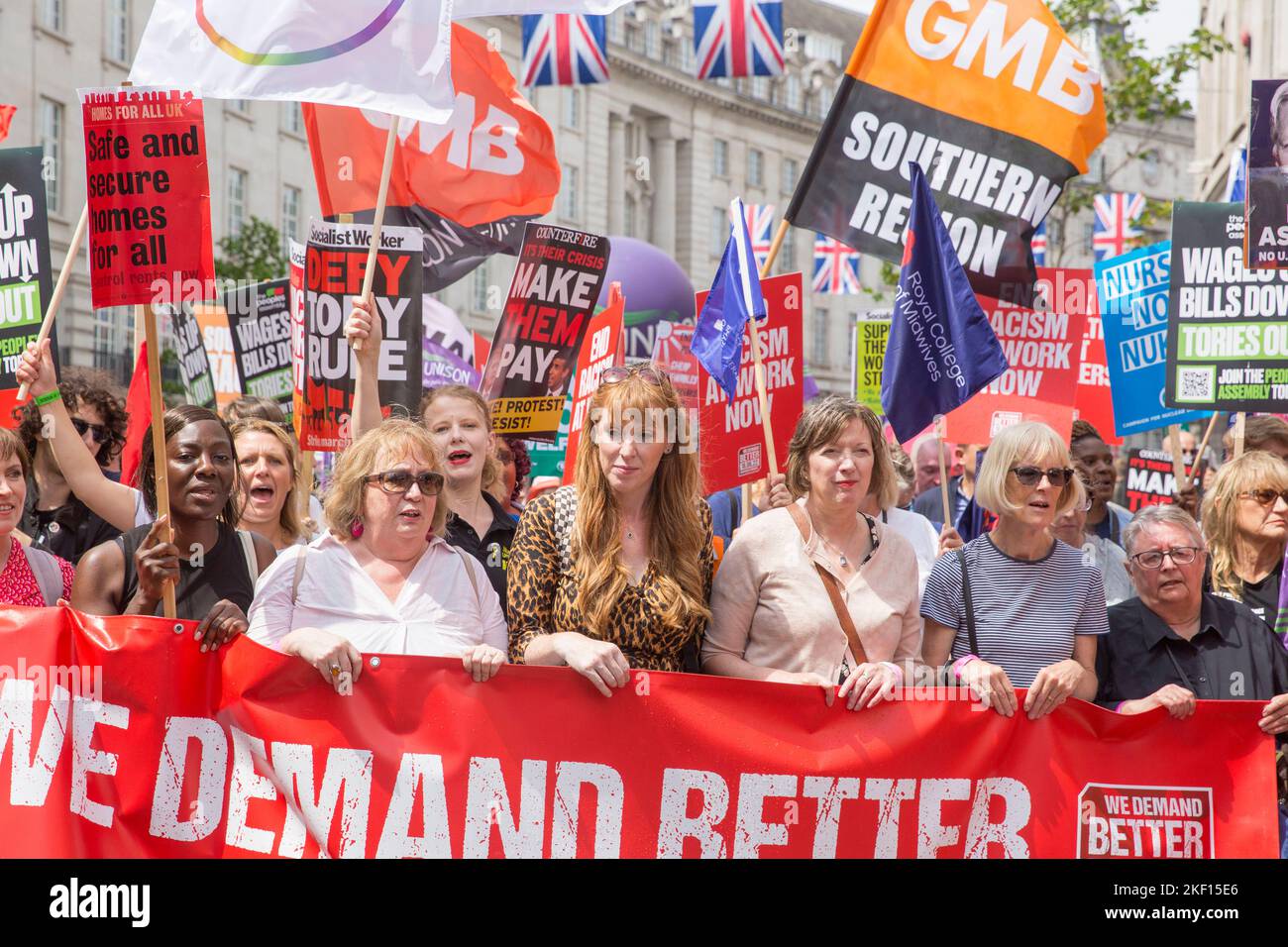 Angela Rayner MP of Labour Party is seen behind a banner as ...