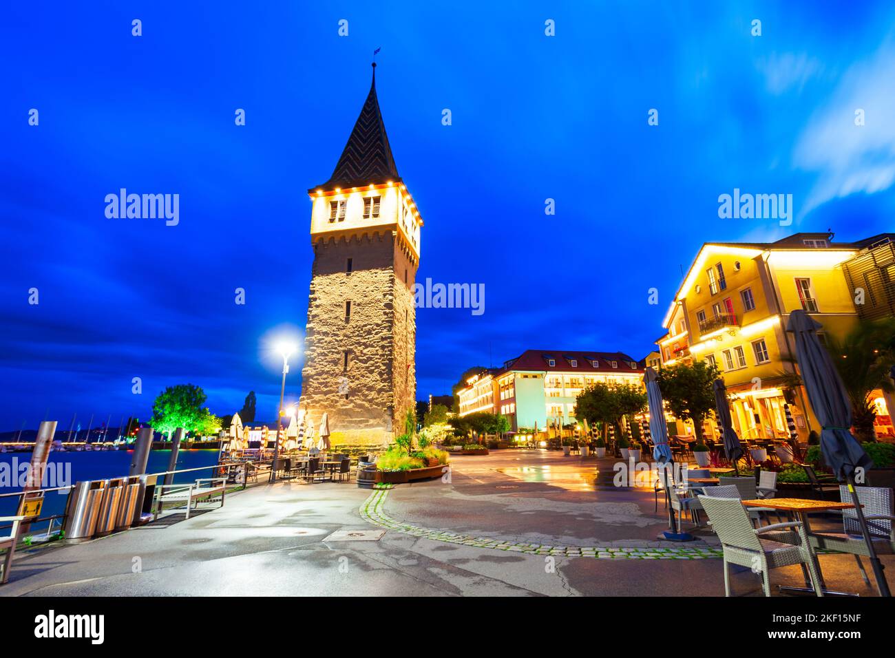 Mangturm or Mangenturm is an ancient tower in Lindau old town at night ...