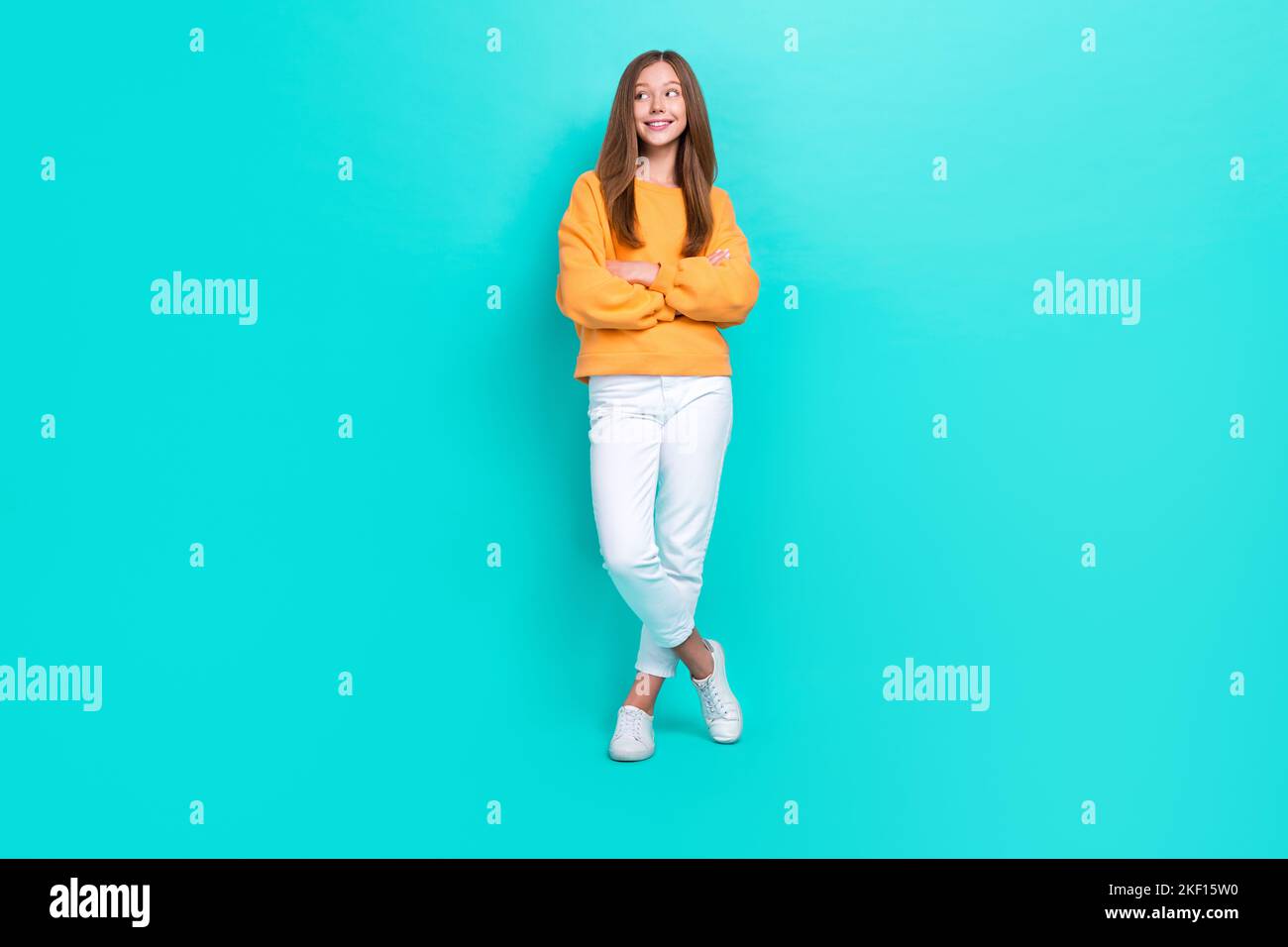 Full body photo of confident satisfied woman folded hands looking empty ...
