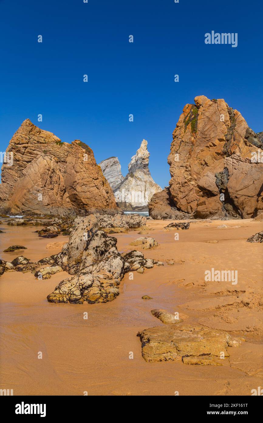 Towering rock cliffs at Praia Da Ursa Beach, Sintra, Portugal. Atlantic ...