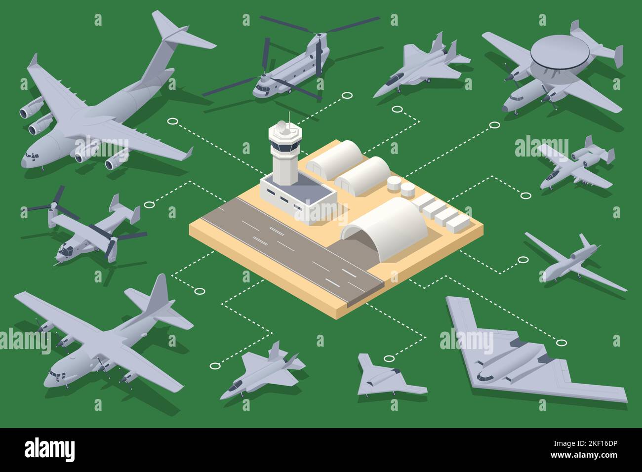 Isometric military fighter jet aircrafts, large military transport ...