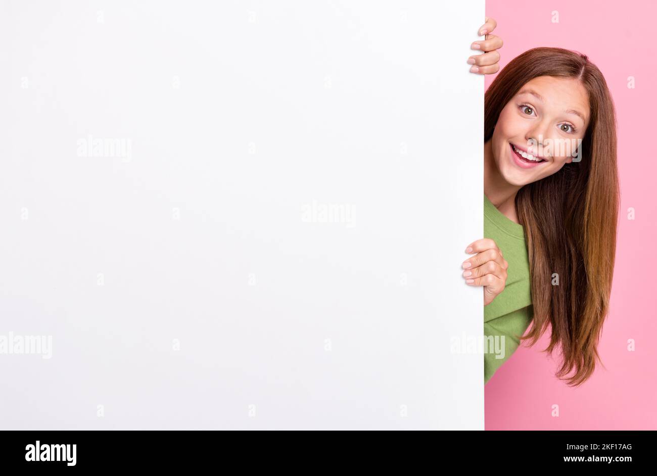 Photo of impressed positive cheerful girl with straight hairstyle green ...
