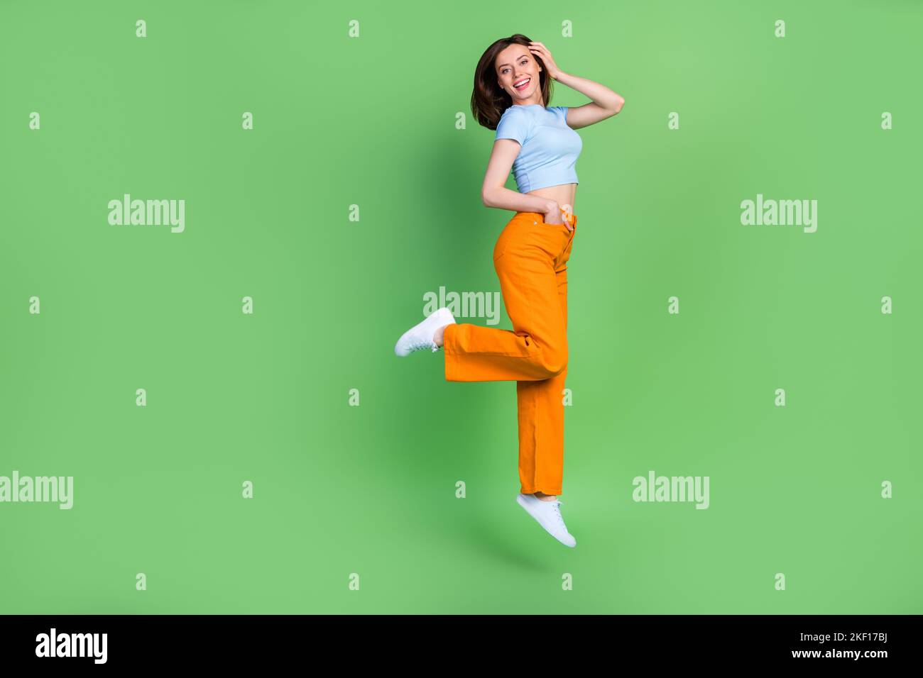 Full length profile portrait of adorable satisfied person jumping empty ...