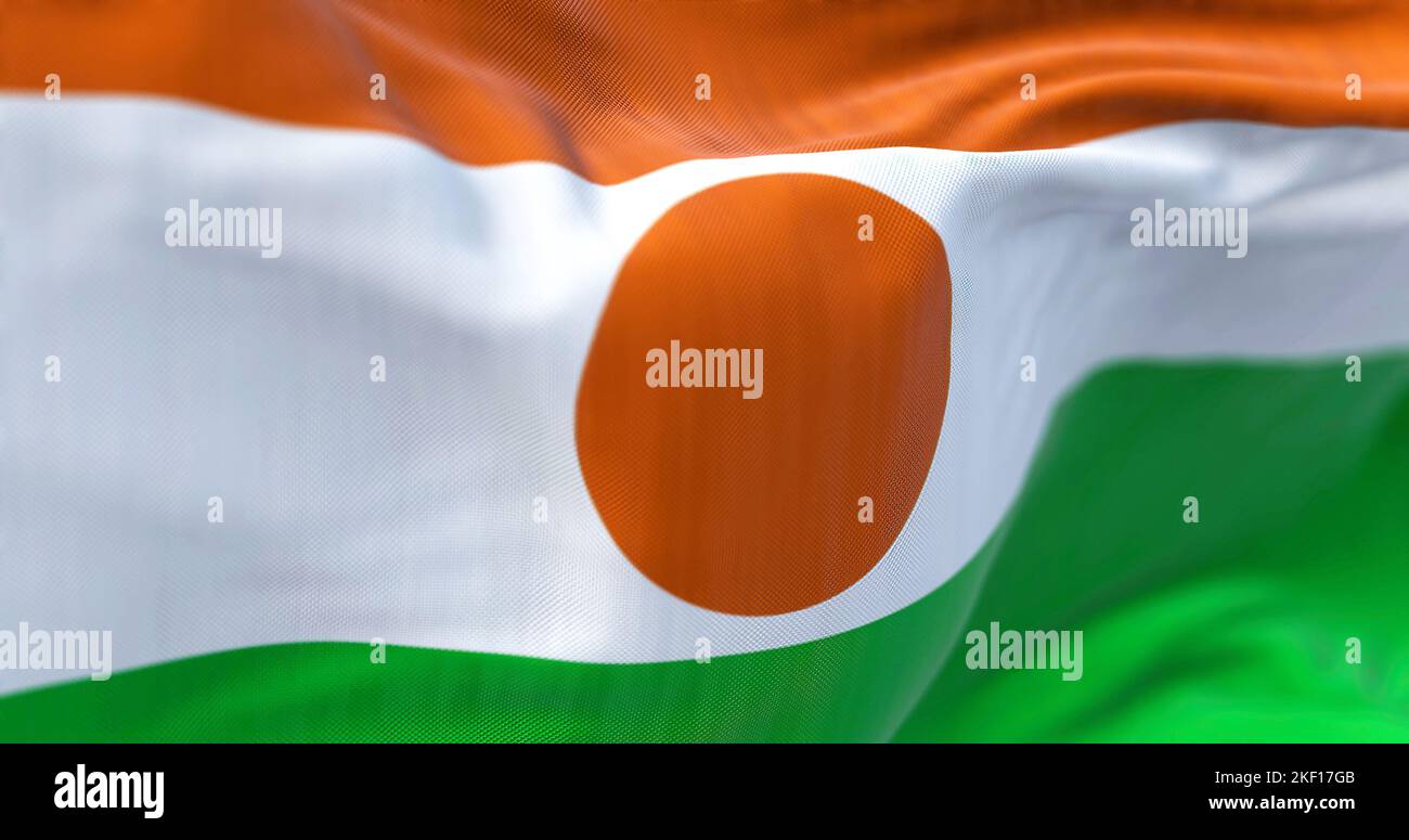 Close-up view of the Niger national flag waving. Republic of the Niger ...