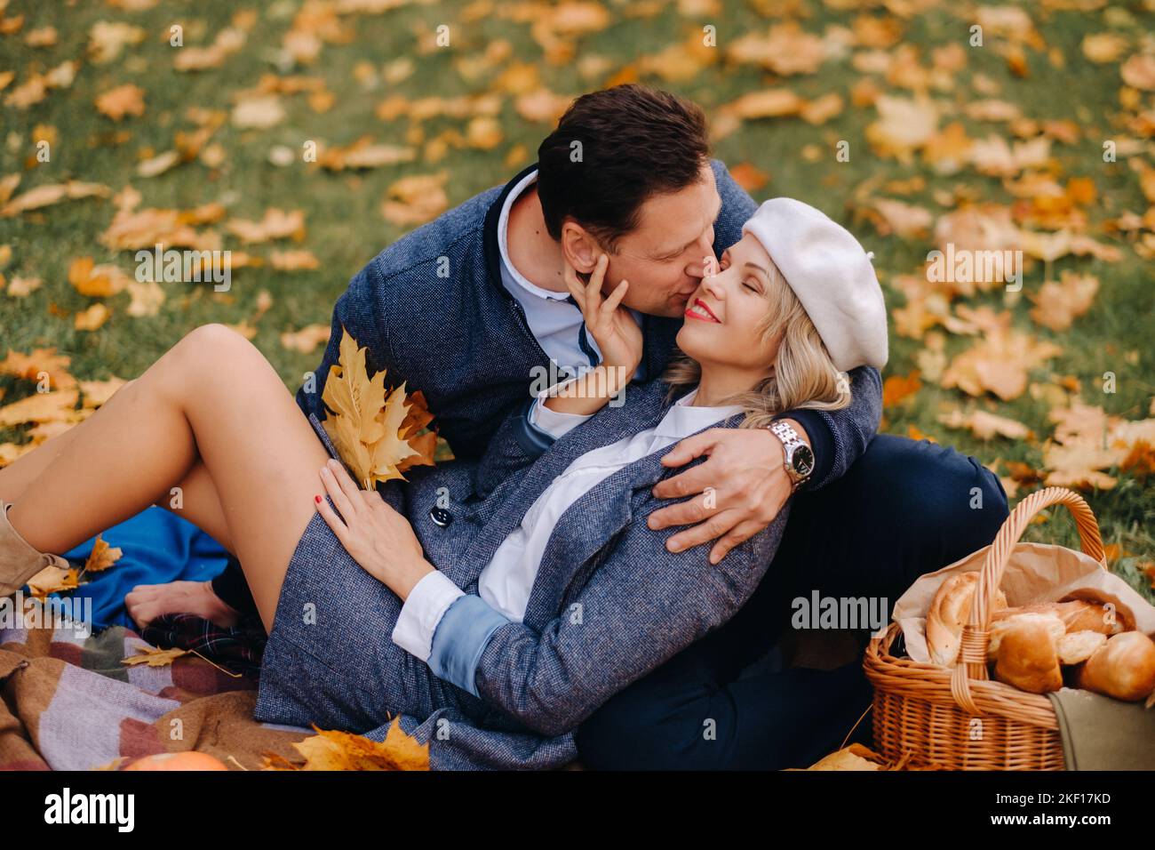 Happy couple enjoying golden autumn spring season in the park Stock ...