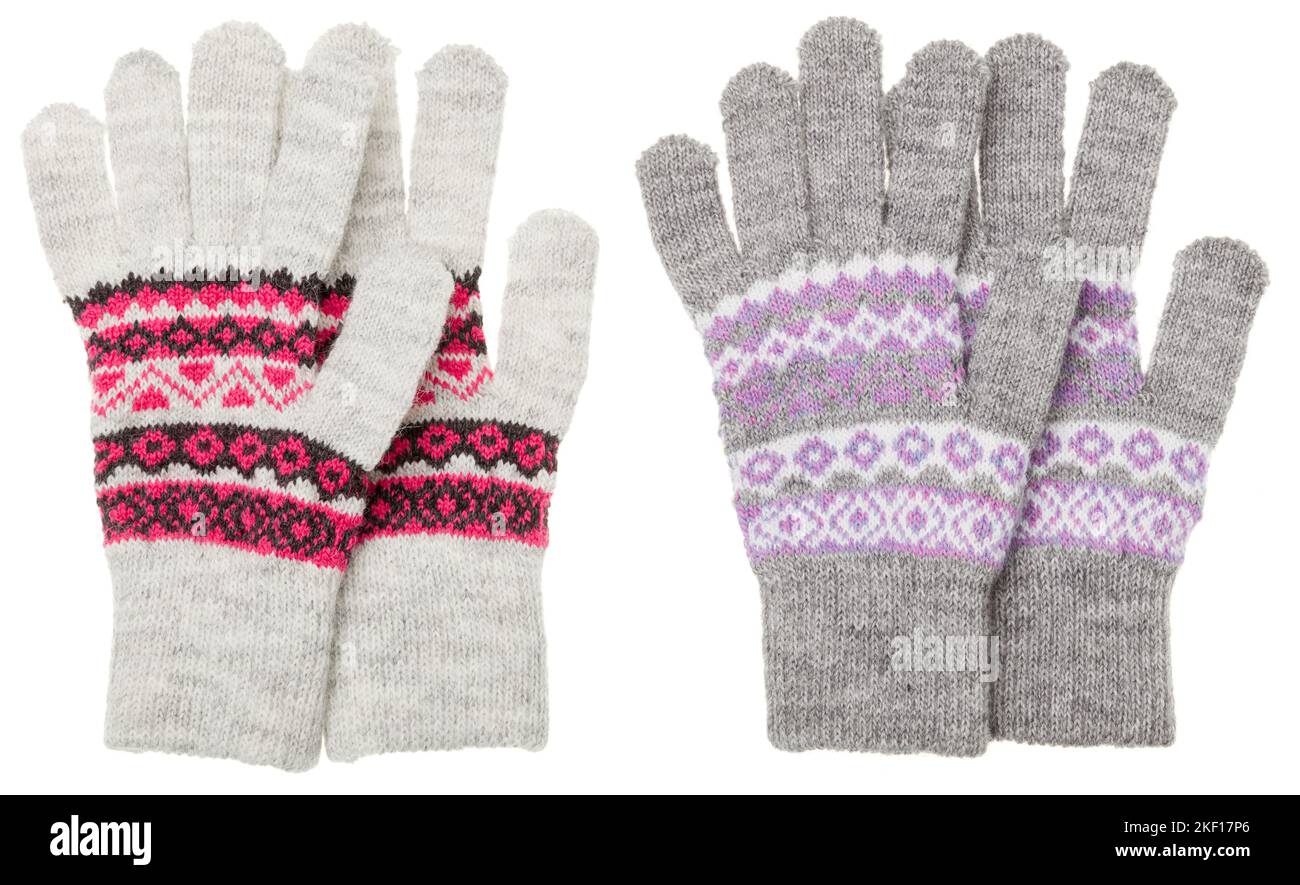 Set of warm woolen winter ladies knitted gloves of traditional design ...