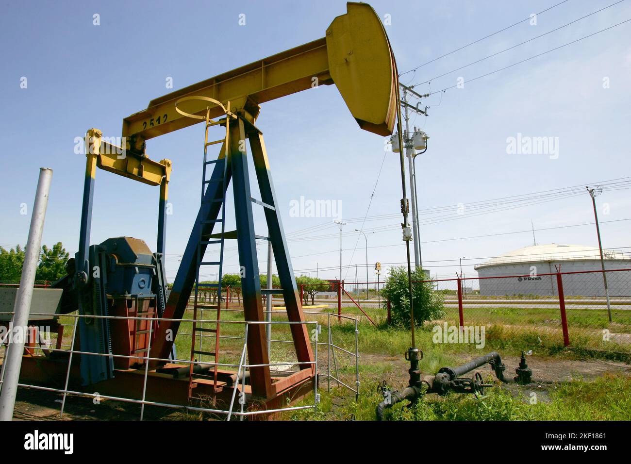 CABIMAS-ZULIA-VENEZUELA- 15-08-2011. A pumpjack is seen in an oil field ...