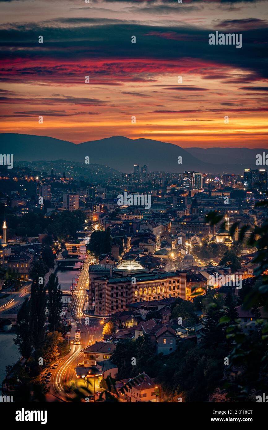 A vertical shot of the Sarajevo city in Bosnia and Herzogovina at night ...