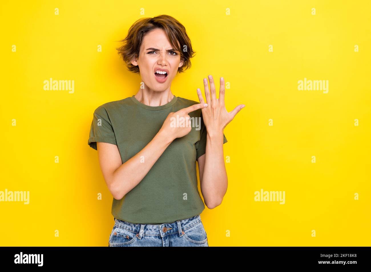 Photo of stressed depressed girlfriend demonstrate arm want break up ...