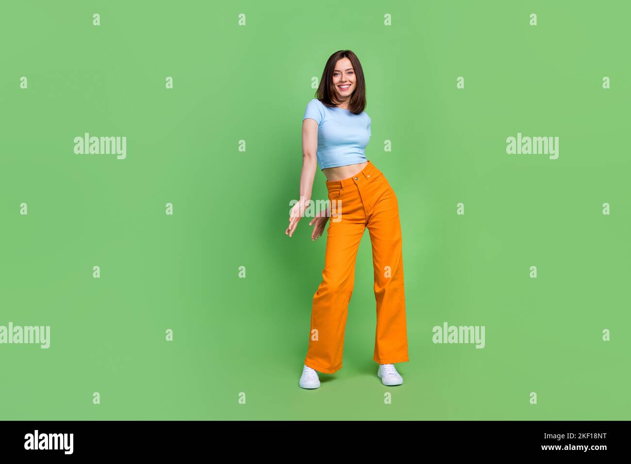 Full body photo of positive satisfied lady have good mood clubbing ...