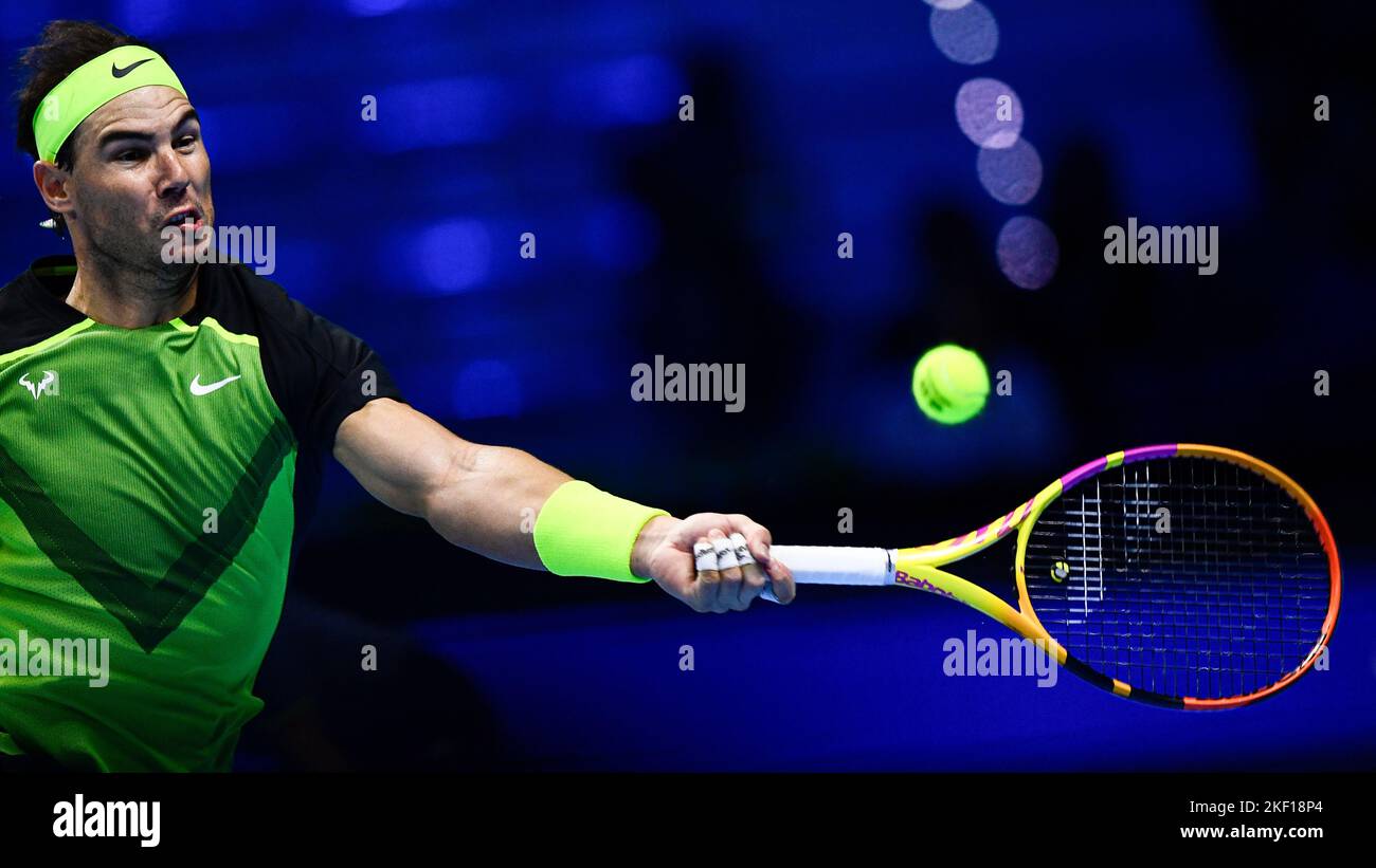 Turin, Italy. 15 November 2022. Rafael Nadal of Spain plays a forehand ...