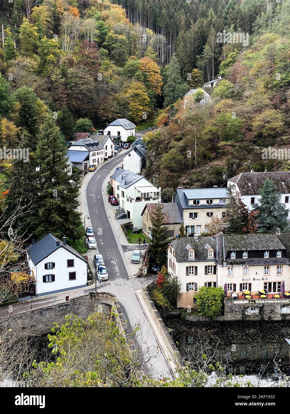 A vertical shot of Ardennes, houses among vast forests in Belgium ...