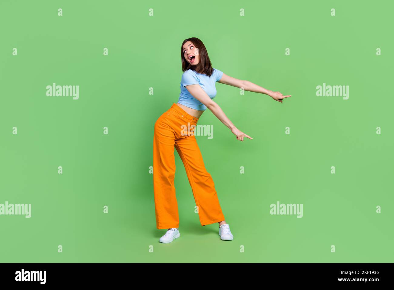 Full size portrait of cheerful gorgeous girl chilling dancing point ...