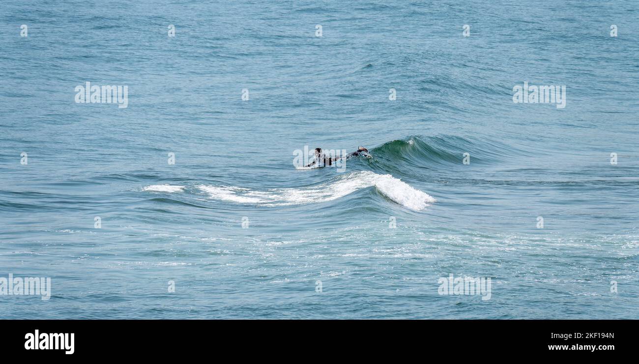 County Cork, Ireland, July 17, 2022. male surfer is lying on a board on ...