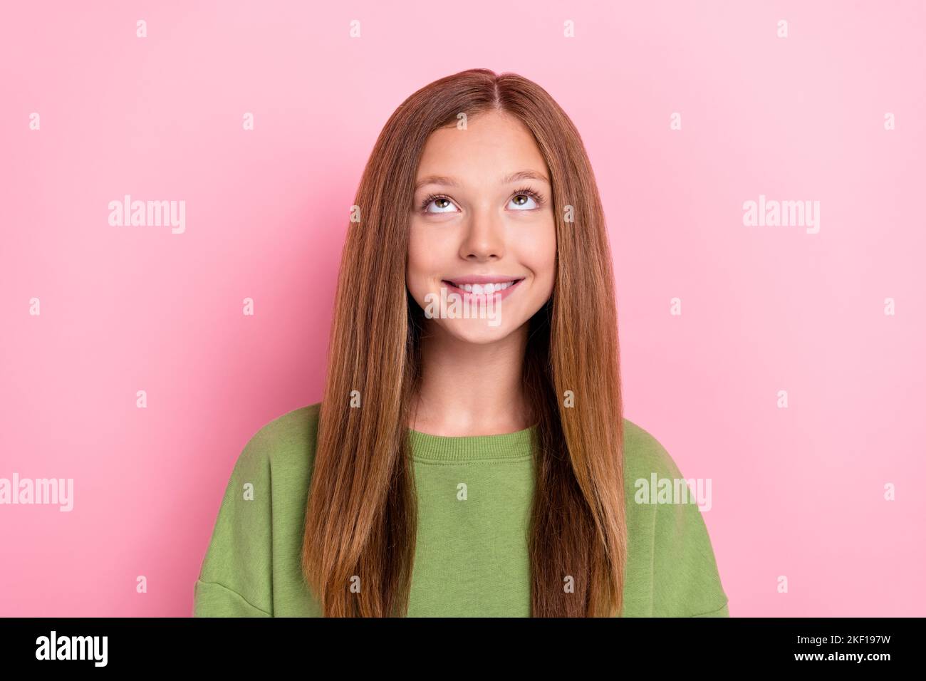 Photo of good mood optimistic cute girl with straight hairstyle wear ...