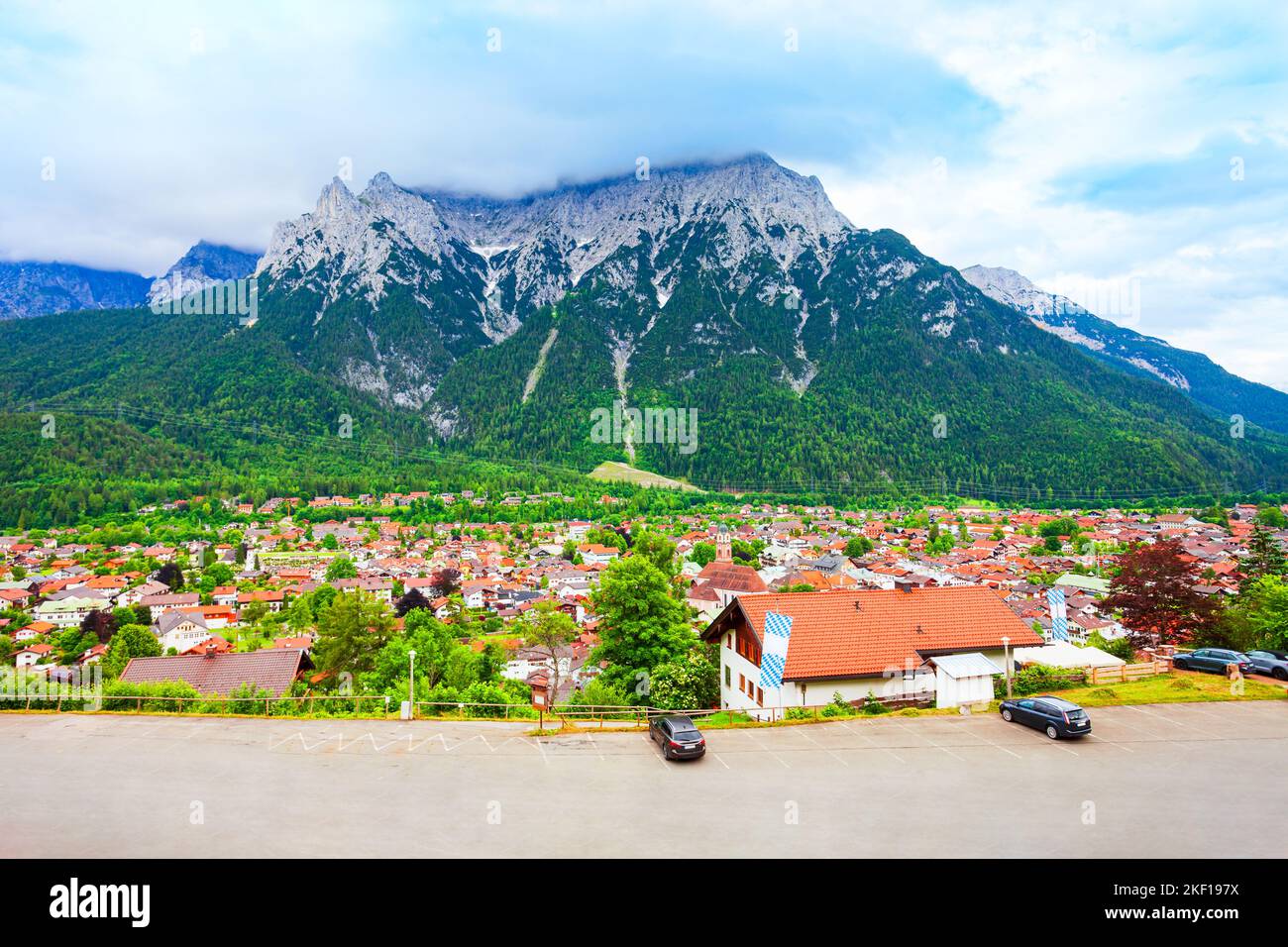 Mittenwald town and Karwendel mountain aerial panoramic view in Bavaria ...