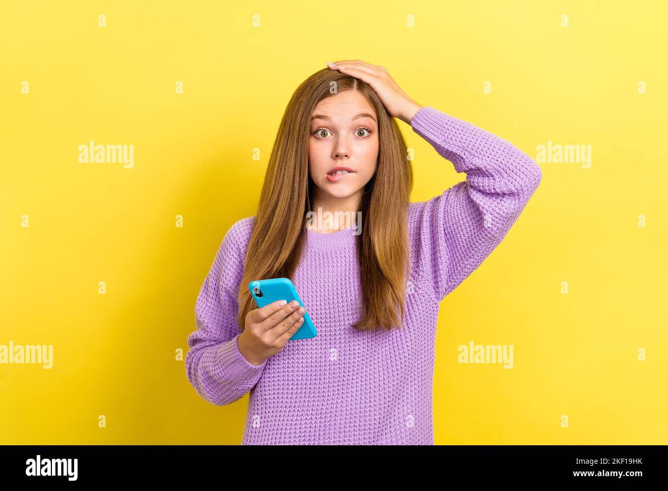 Photo of young scared puzzled girl touch head nervous unexpected ...