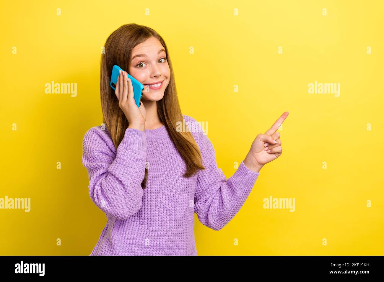 Photo of young cute cheerful blogger kid teenager girl finger point ...