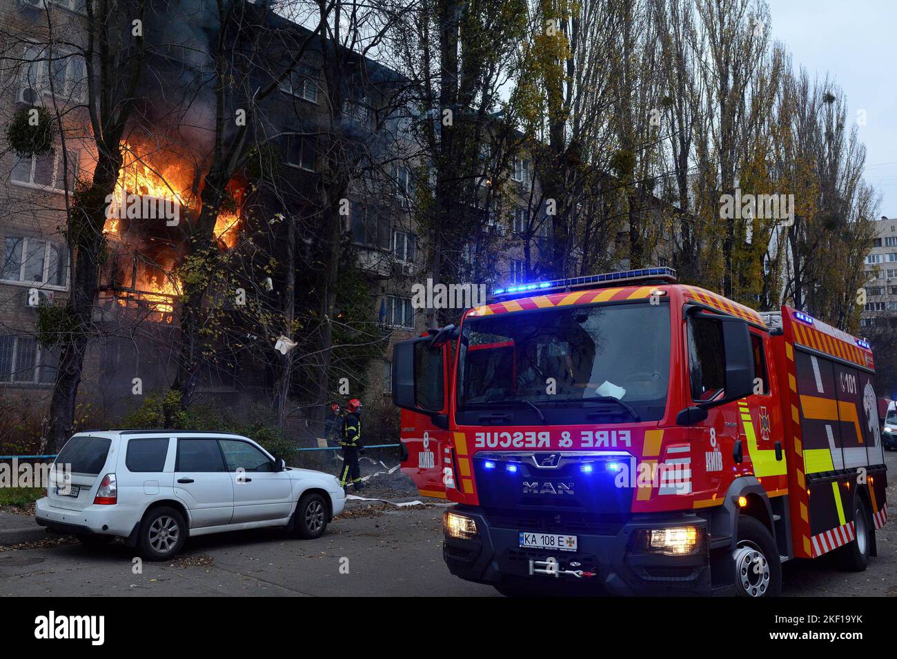 A fire rescue truck is seen at the residential building hit by a ...