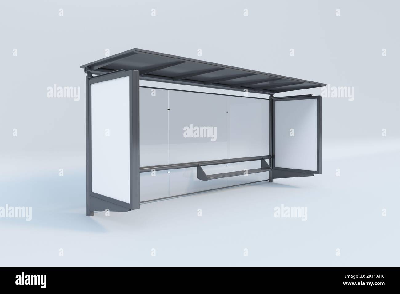 A 3D rendering of a modern simple bus stop side view on white ...