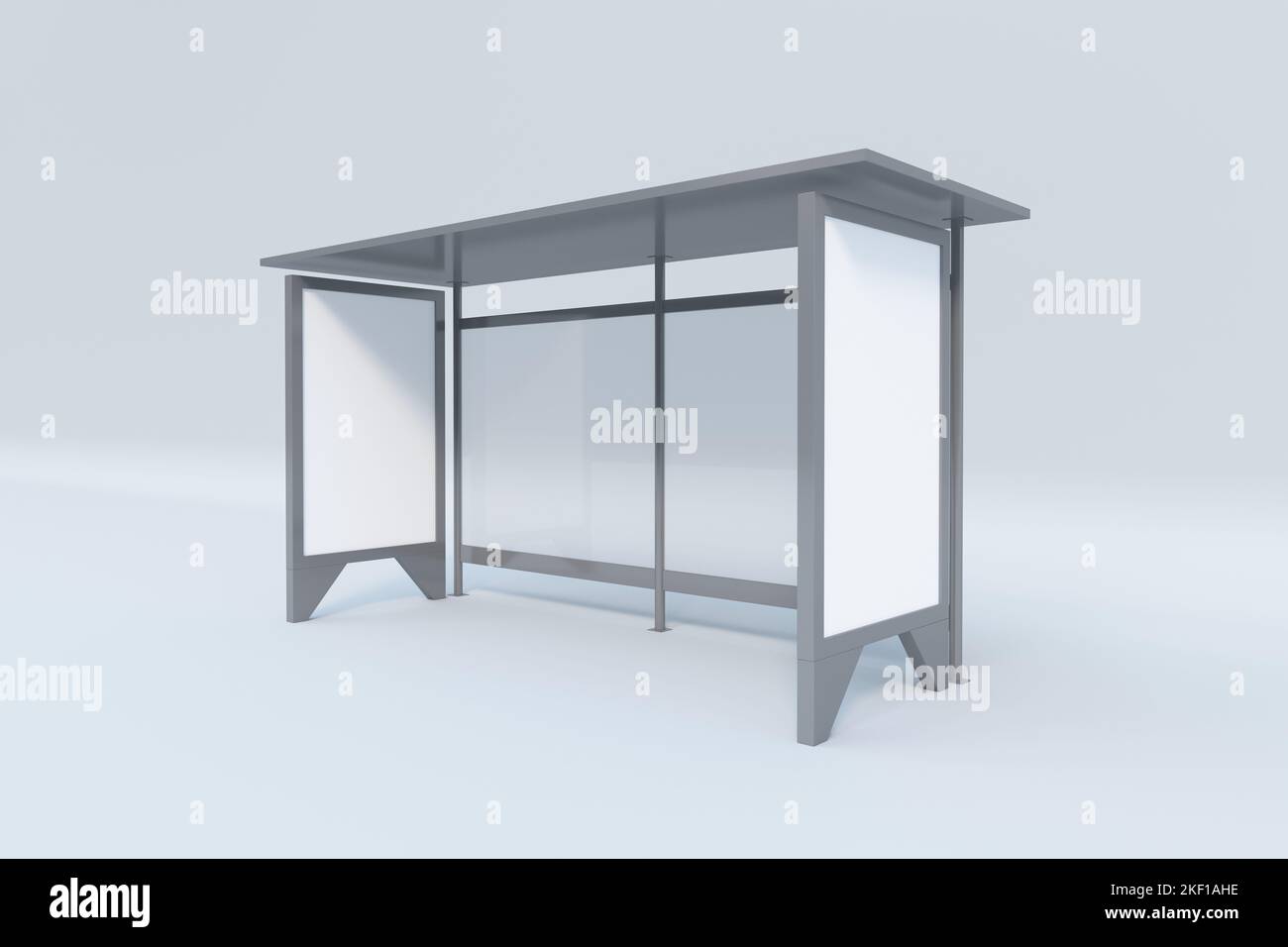 A 3D rendering of a modern simple bus stop side view on white ...