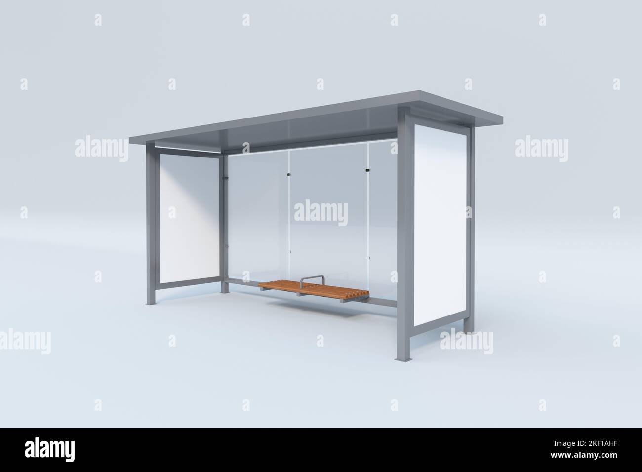 A 3D rendering of a modern simple bus stop with wooden seats side view ...