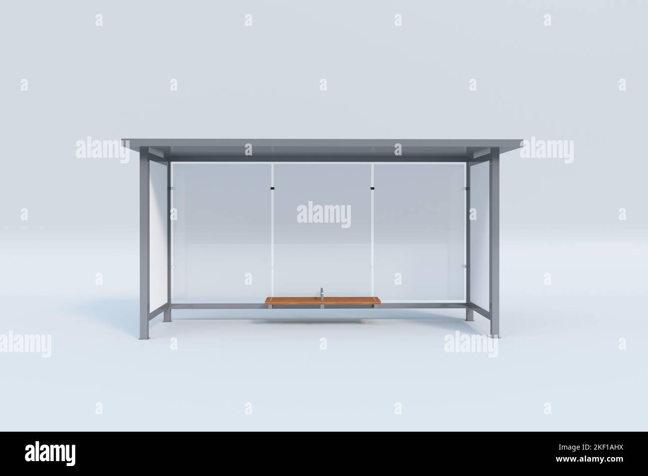 A 3D rendering of a modern simple bus stop with wooden seats on white ...