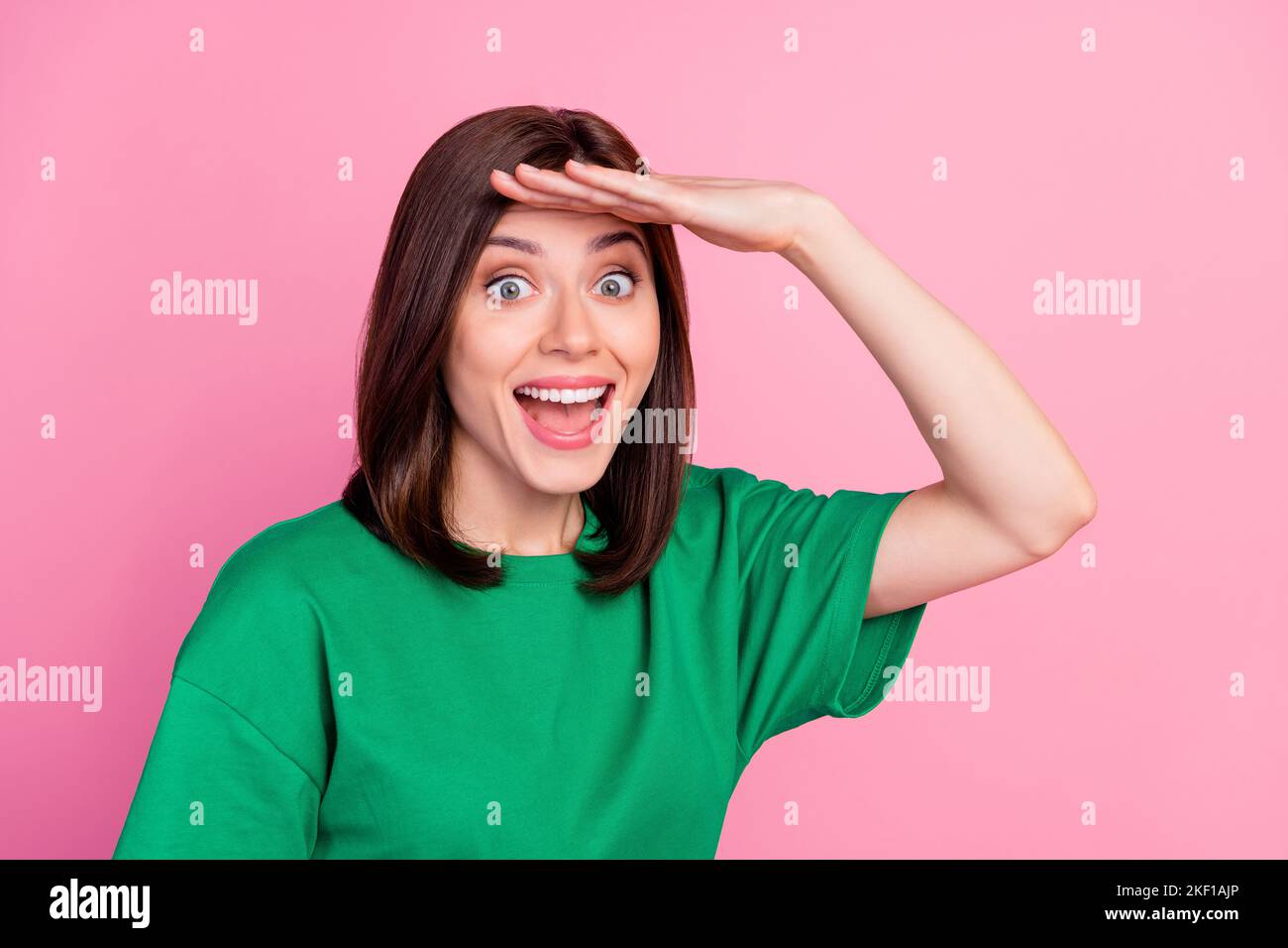 Closeup photo of young attractive funny face girl try find out your ...