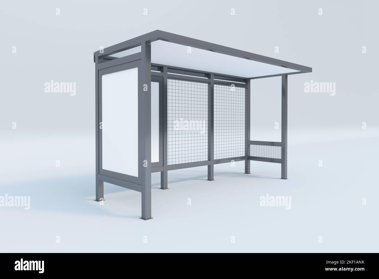 A 3D rendering of a modern simple bus stop side view on white ...