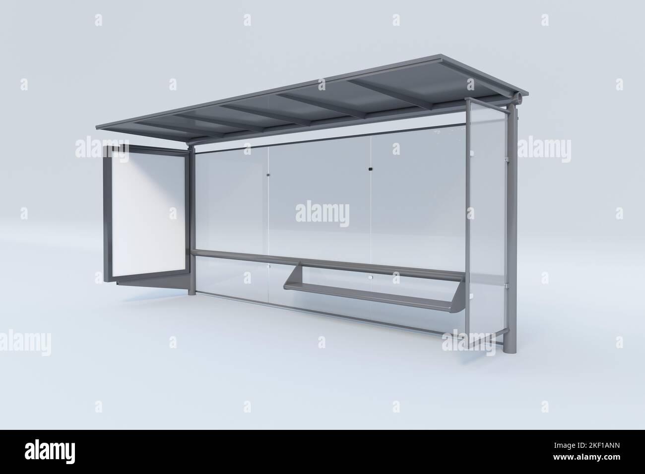 A 3D rendering of a modern simple bus stop side view on white ...
