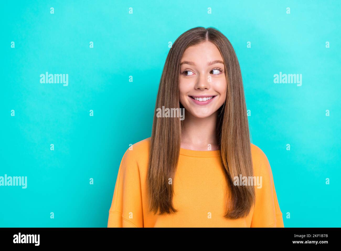 Portrait of youngster adorable cute sweet lady smiling look empty space ...